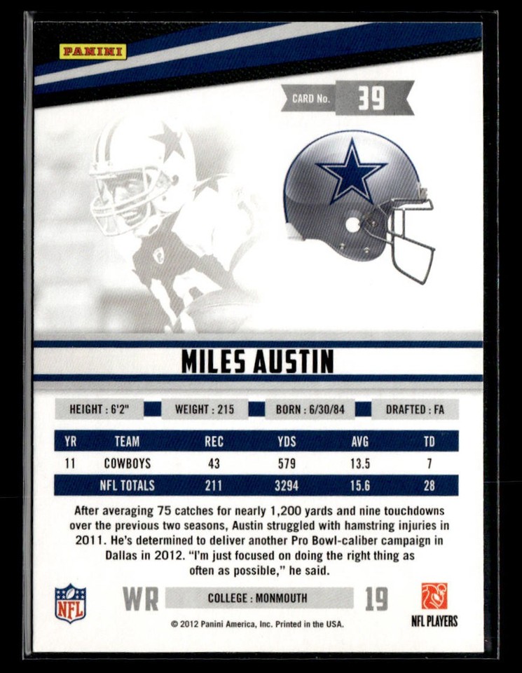 2012 Panini Rookies & Stars Longevity #39 Miles Austin Card Dallas ...
