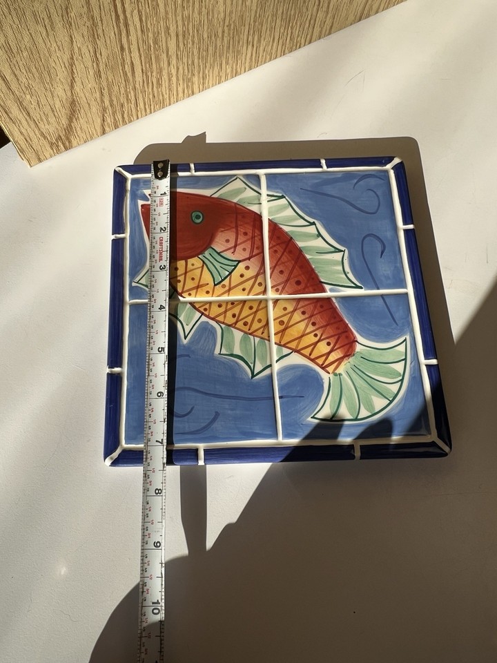 Clay Art Adriatic Hand Painted Ceramic Fish Pitcher and Matching Trivet ...