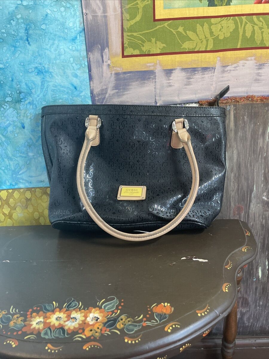 Guess 1981 Los Angeles Black Tan Tote Bag Leather Zip Close Guess 1981 Los Angeles Black Tan Tote Bag Leather Zip Close