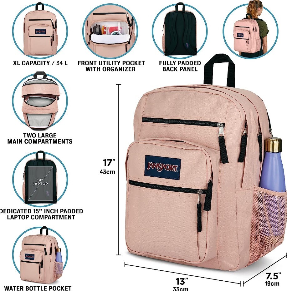 Jansport BIG STUDENT Laptop / Tablet Backpack 34L XL Cherry Blossom ...