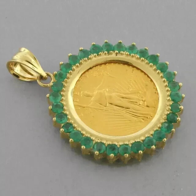 2 CT Round Cut Lab Created Emerald Coin Pendant 14k Yellow Gold Plated ...