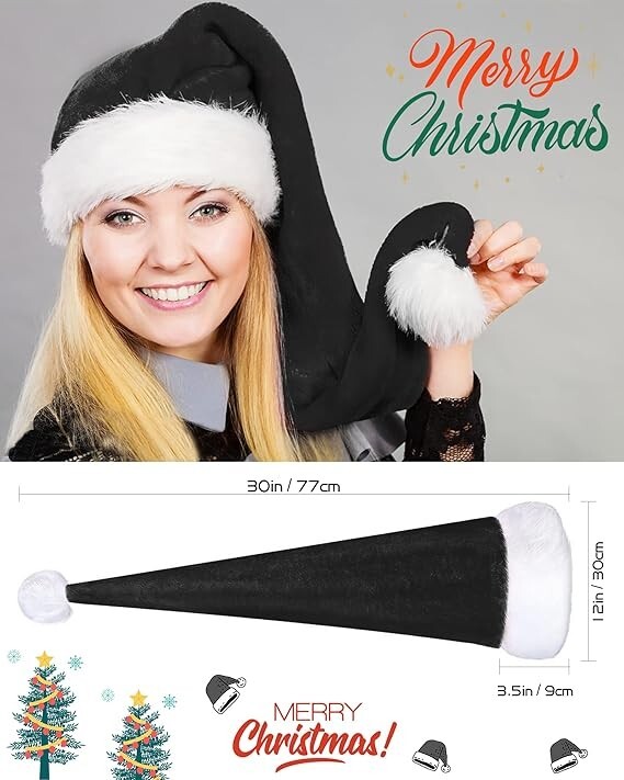 Christmas Black Santa Hat Long, Adults Deluxe Black and White Xmas ...