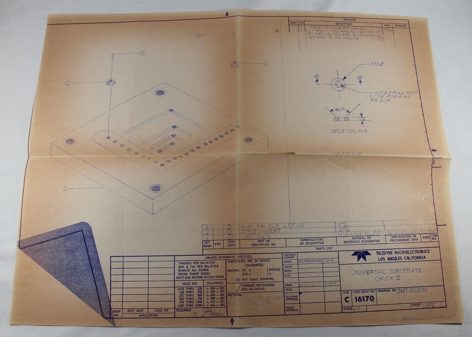 Teledyne Microelectronics Universal Substrate Chuck II 1983 Blueprint 2 ...
