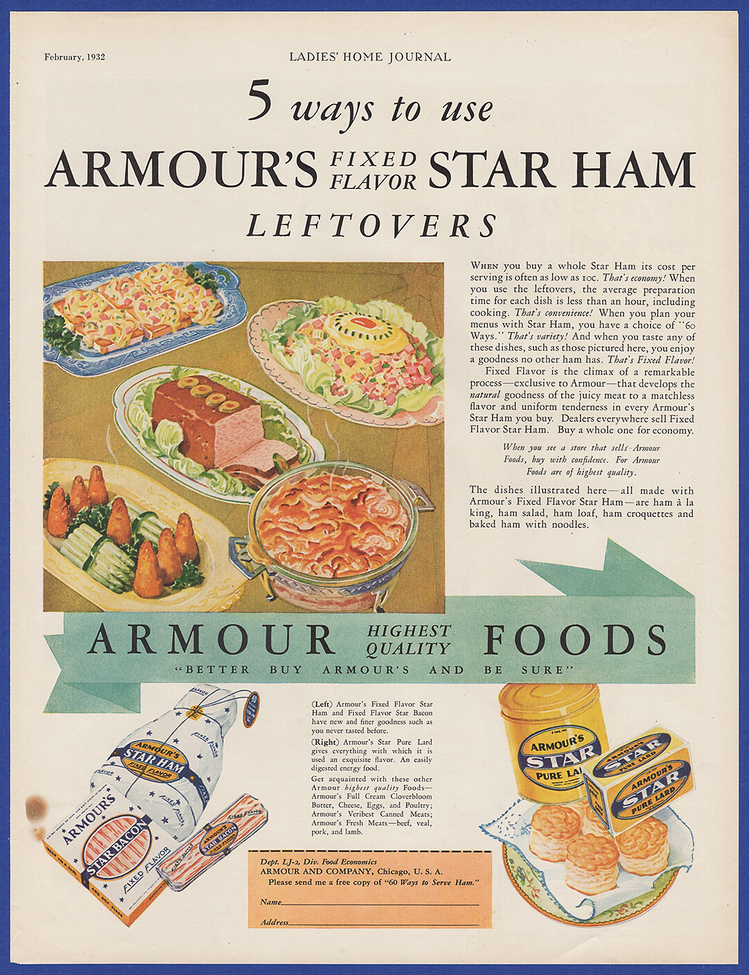 Vintage 1932 ARMOUR Star Ham & Bacon Meats Food Kitchen Decor Print Ad ...