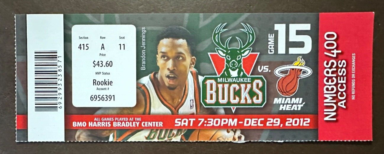 Milwaukee Bucks 12/29/2012 NBA ticket stub vs Miami Heat | eBay