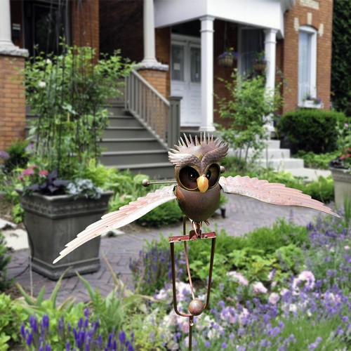 Fun Flapping Metal Brown Gray Owl Yard Stake Rocking Wind Whirly-Gig ...