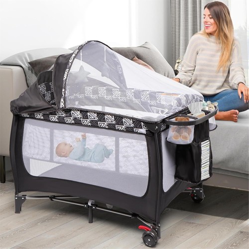 4-in-1 Pack and Play with Retractable Canopy, Portable Baby Crib with ...