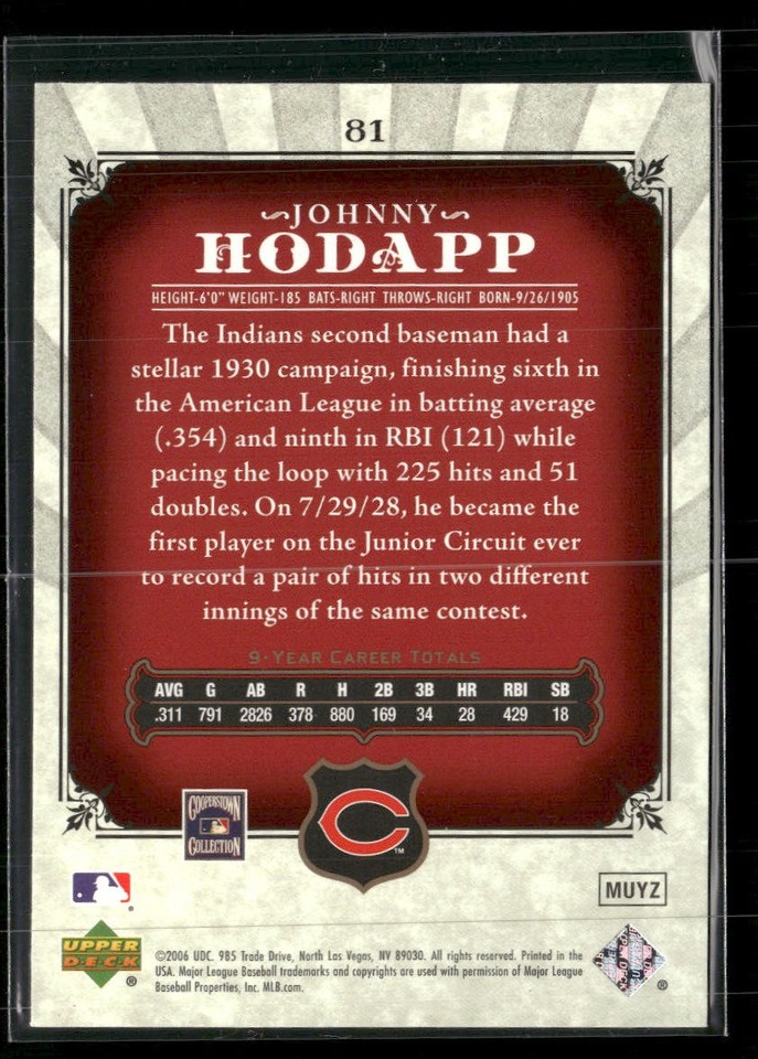 2006 SP Legendary Cuts #81 Johnny Hodapp | eBay