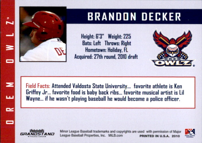 2010 Orem Owlz Grandstand #9 Brandon Decker Holiday Florida FL Baseball ...
