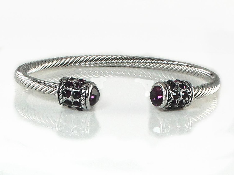 Purple Amethyst Rhinestone Crystal Cuff Bracelet Silver Bangle Wire | eBay