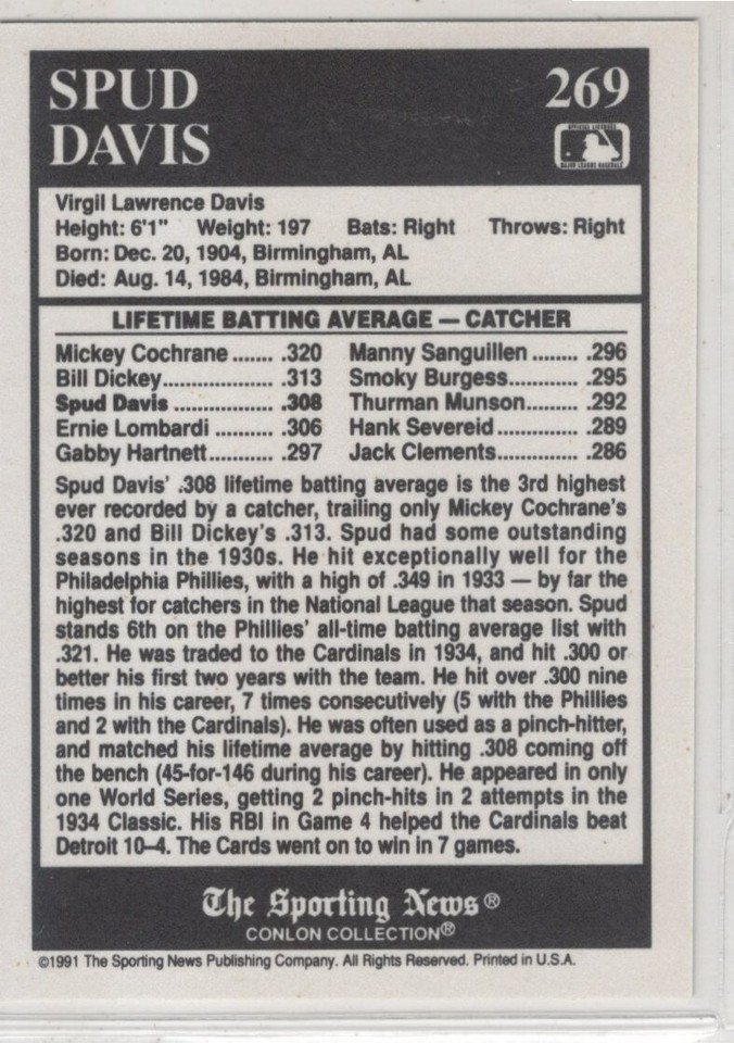 1991 Conlon Collection Spud Davis #269 St. Louis Cardinals Baseball ...