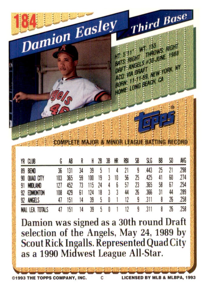 1993 Topps Gold Damion Easley Foil MLB Insert PWE Angels #184 | eBay
