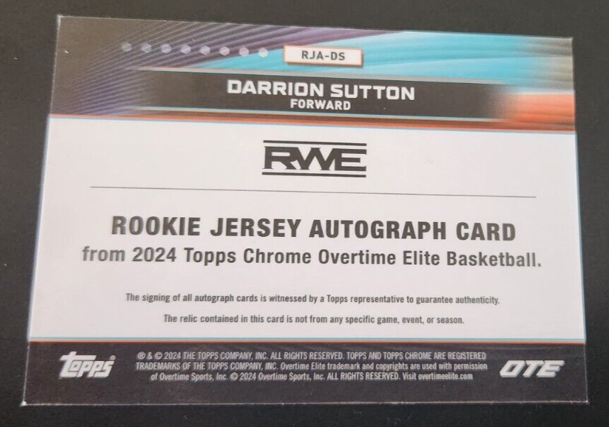 2023-24 Topps Chrome Overtime Elite OTE Darrion Sutton Rookie Auto ...