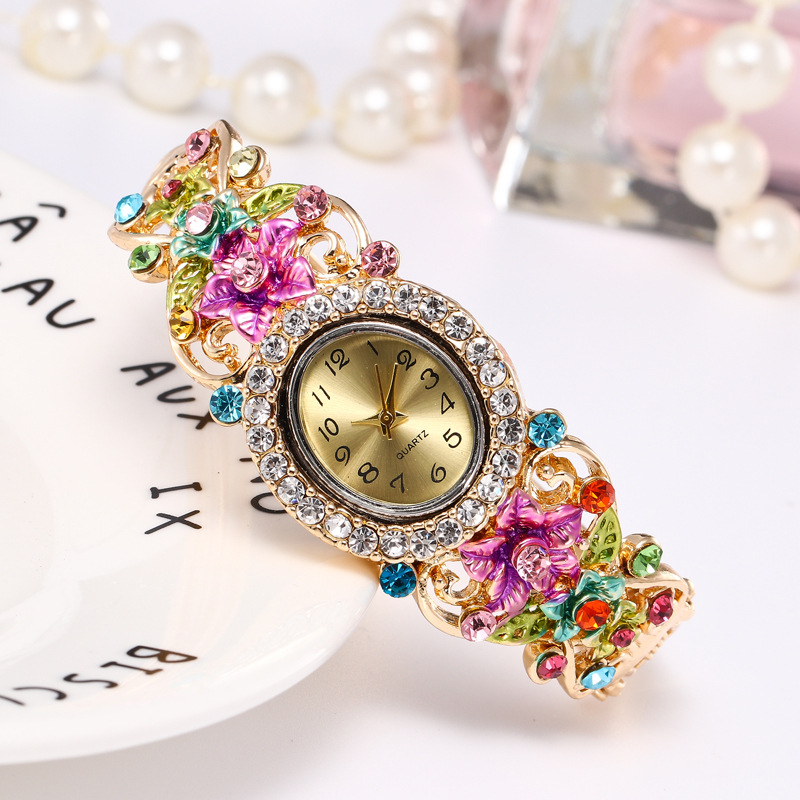 Flower-encrusted hallow women watch lady Casual Leather Strap Quartz ...