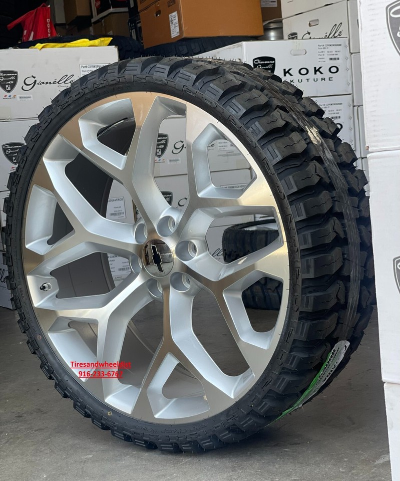 26'' inch Snowflake Silver Wheels 33'' MT Tires Sierra Silverado Ram ...