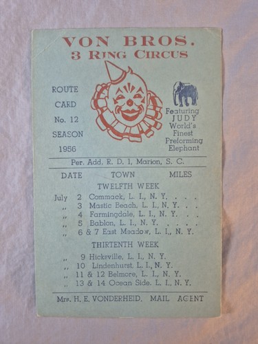 Vintage 1956 VON BROS. CIRCUS Official Route Card | eBay