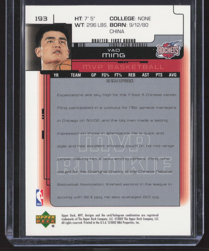 2002-03 Upper Deck MVP Yao Ming Rookie Card RC #193 | eBay