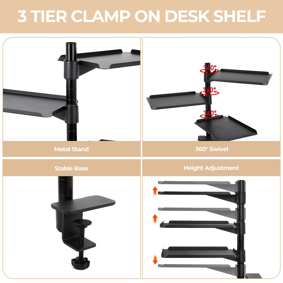 3-Tier Clamp on Desk Shelf，Multifunctional Desk Clamp Shelf，Metal Desk ...