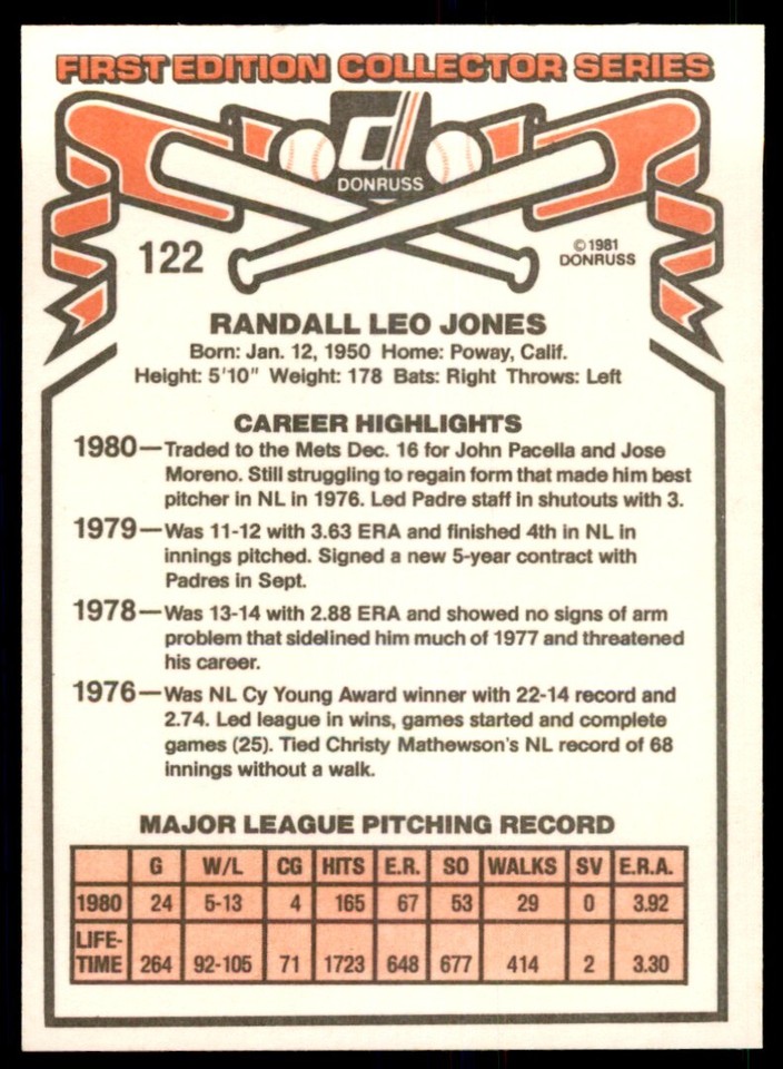 1981 Donruss Baseball Card Randy Jones San Diego Padres #122 | eBay