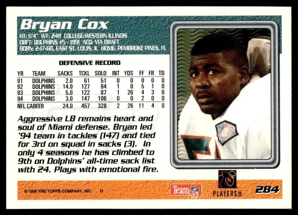 1994 Topps Bryan Cox Miami Dolphins #284 | eBay