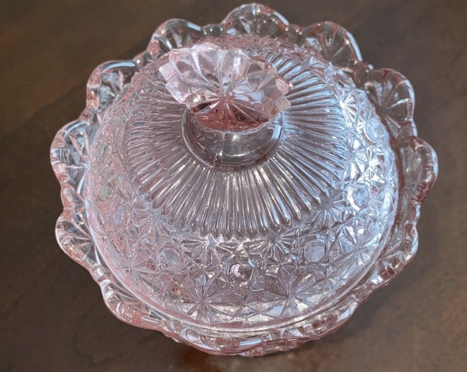 Vtg LG Wright Candy Dish Pink Depression Glass Daisy Button wLid 6.5 ...