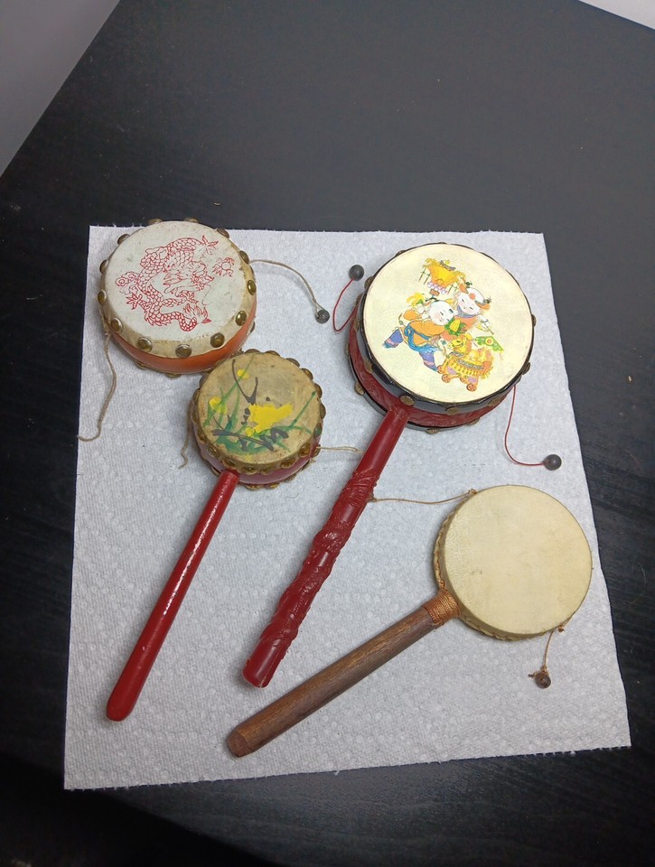 Lot Of 4 Spin Drum Noisemaker Vtg Chinese Handmade Musical Instrument ...