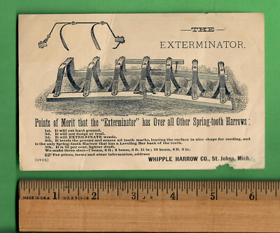 c. 1890 WHIPPLE HARROW CO. TRADE CARD THE EXTERMINATOR SPRING TOOTH ...