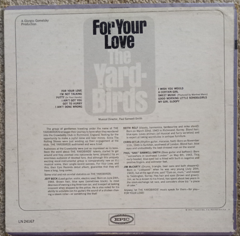 The Yardbirds jeff beck For Your Love Mono LN 24167 first pressing LP ...