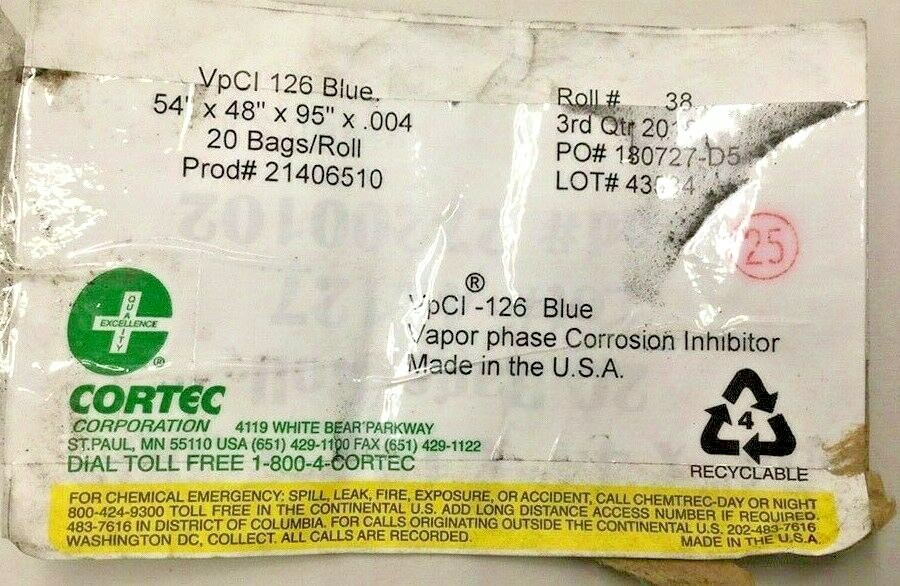 Cortec 21406510 VpCl 126 Blue 54"x 48"x 95"x .004 (Skid of 400 bags)ref ...