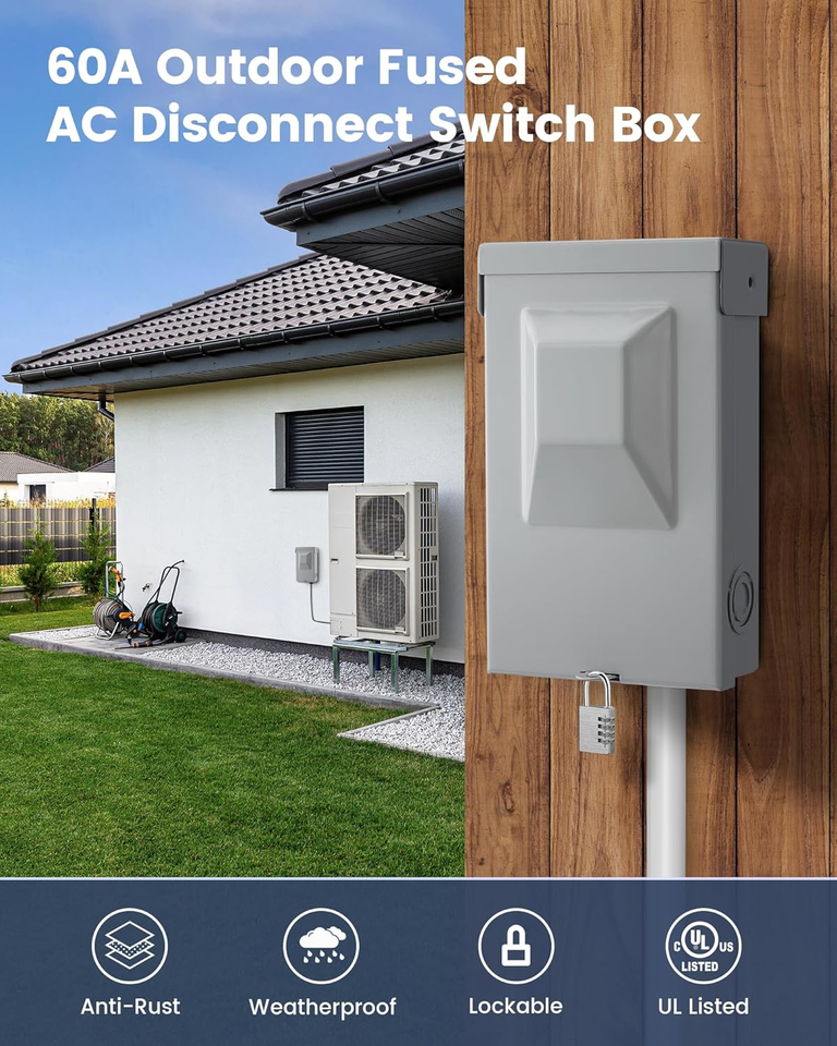 Fused 60 Amp AC Disconnect Box Outdoor, Waterproof Metal Enclosure with ...
