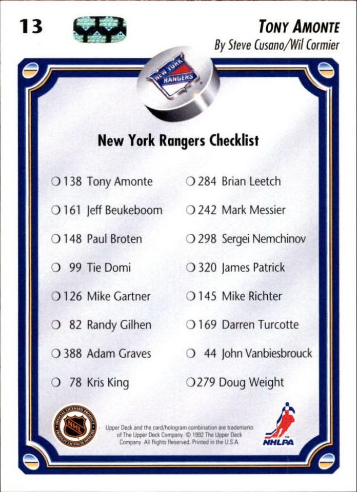 1992-93 Upper Deck Rangers Hockey Card #13 Tony Amonte TC | eBay