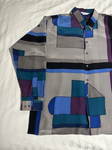 VINTAGE MENS GENELLI Multicolored SILK SHIRT NEHRU COLLAR XL 100% Silk ...