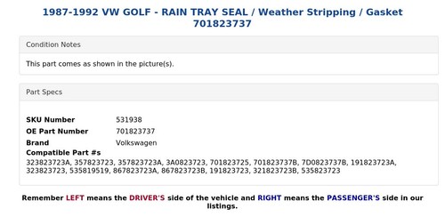 1987-1992 VW GOLF - RAIN TRAY SEAL / Weather Stripping / Gasket ...