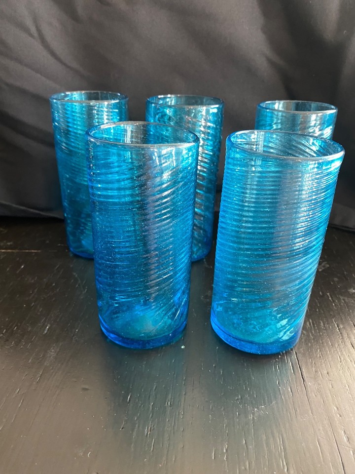 Set of 5-Drinking Glasses Aqua Turquoise Blue Hand Blown Bubble Swirl 5 ...