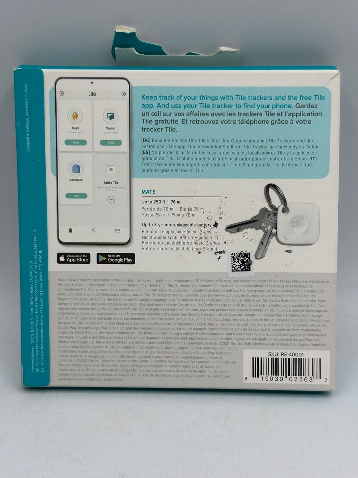 Tile Versatile Tracker For Keys Bags Bluetooth 1ct White RE-40001 ...