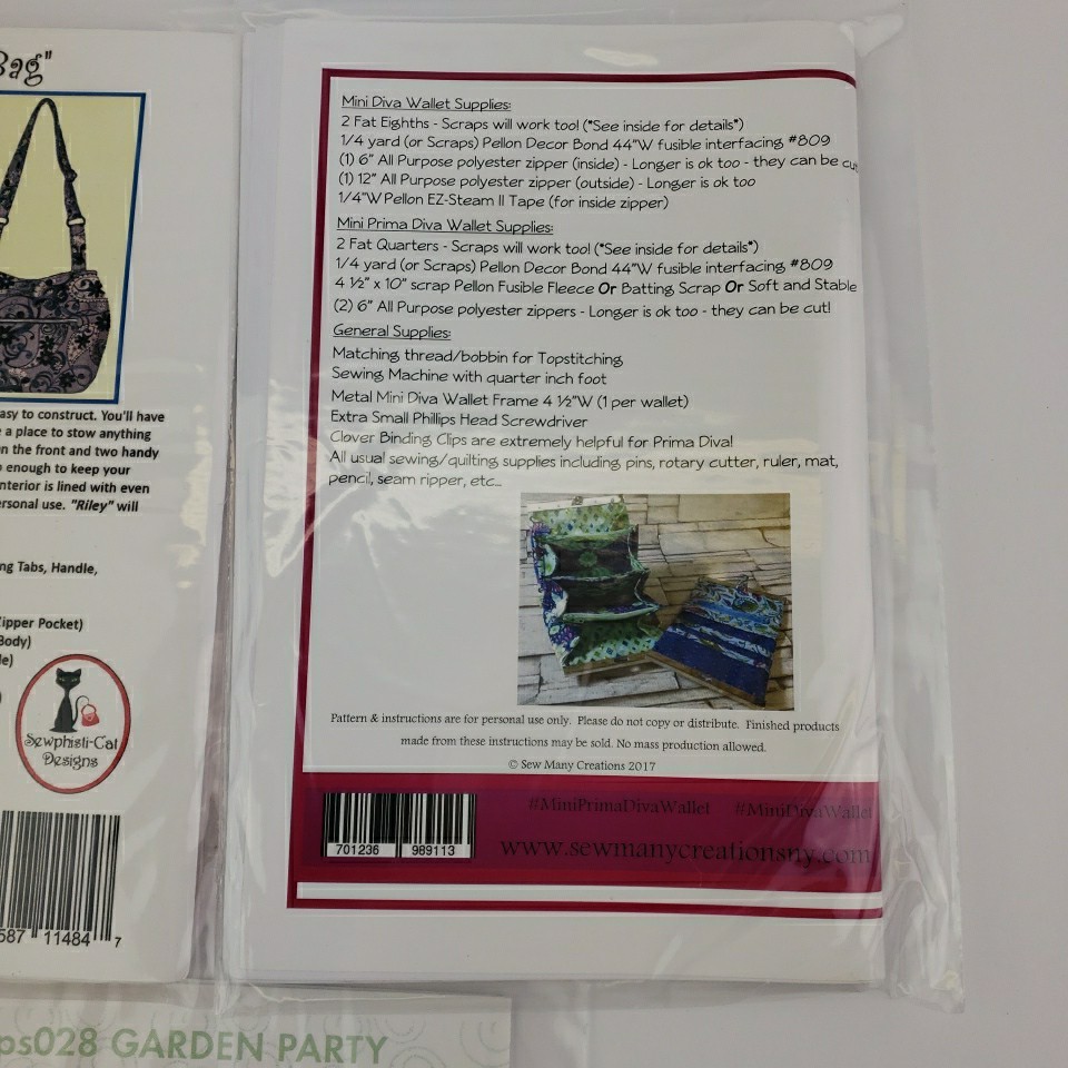 3 Sewing Patterns Purse Bags Riley's Bag, Mini Divas, Garden Party | eBay