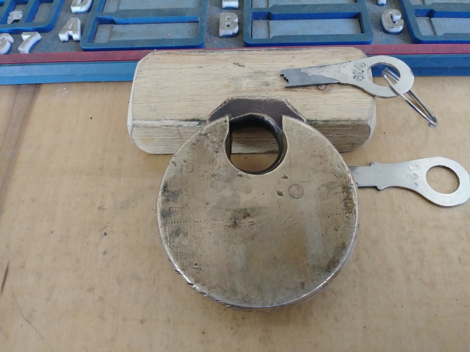 antique/vintage MILLER CHAMPION 6 lever push key pancake padlock w/key ...
