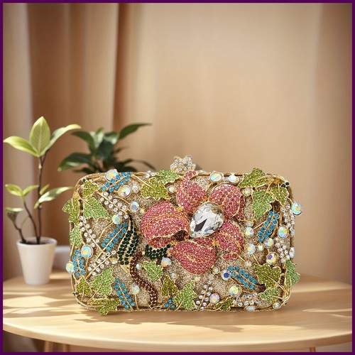 Gold Floral Rhinestone Evening Clutch Bag Glitter Prom Party Handbag w ...