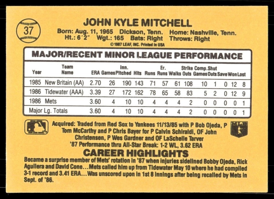 1987 Donruss The Rookies Baseball John Mitchell Auto New York Mets #37 ...