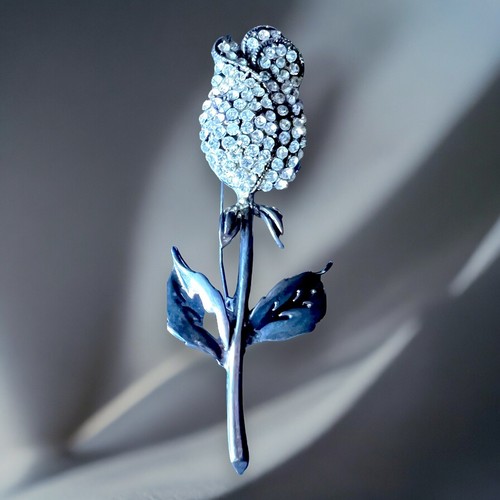 Silver Rhinestone Rose Brooch Vintage 1950s-60s Large Sparkling Floral ...