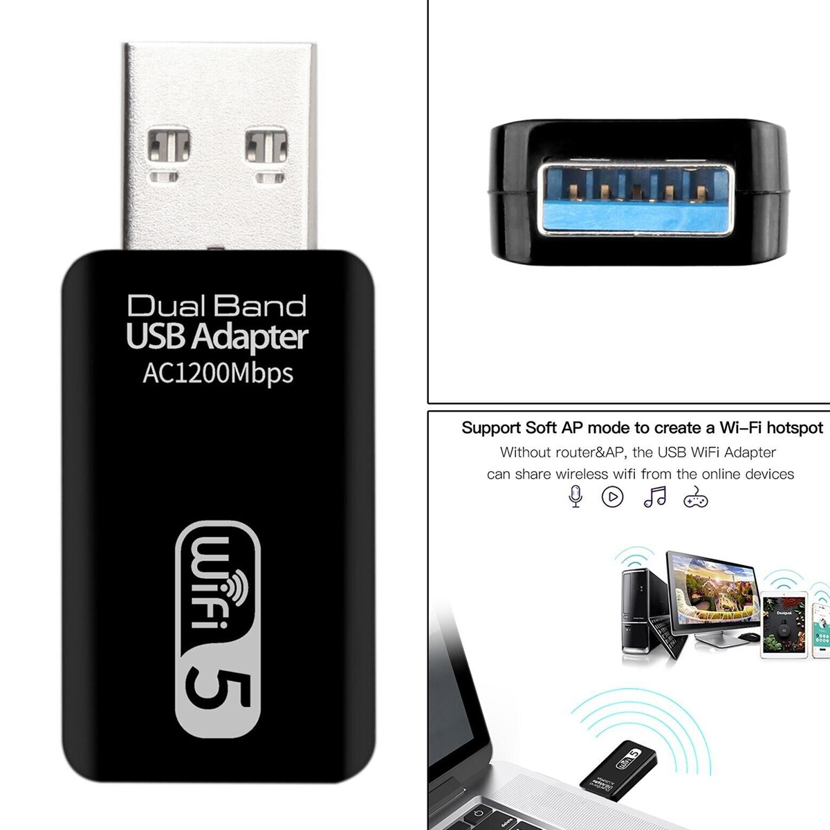 1200Mbps USB 3.0 Dual Band WiFi Dongle 5.8GHz / 2.4GHz Wireless Network ...