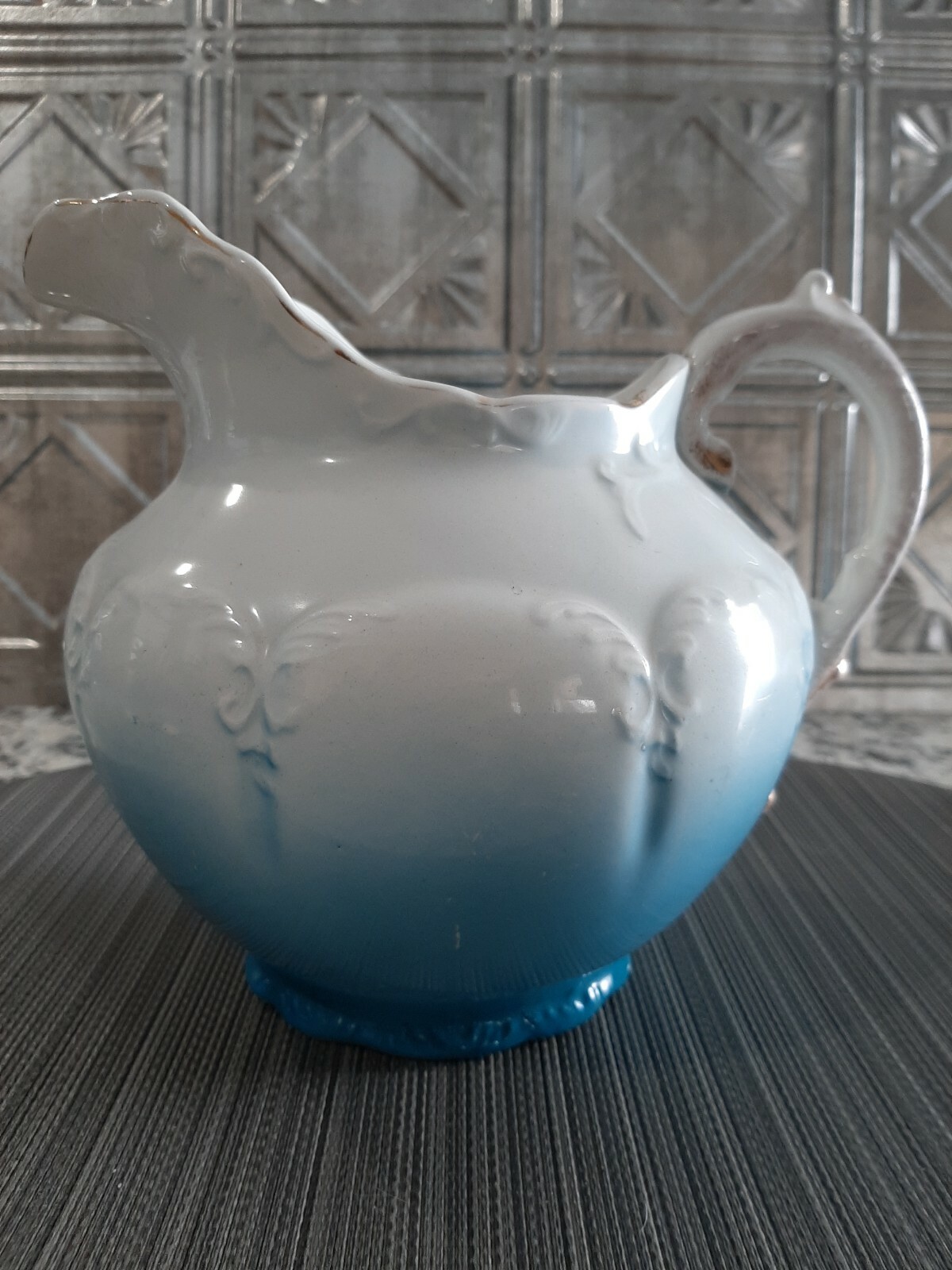 Vintage Warwick Semi Porcelain Large Pitcher Peacock Blue & White Gold ...