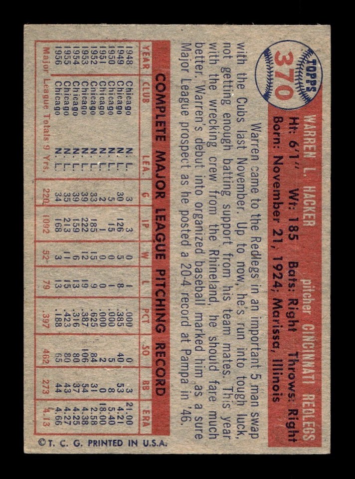 1957 Topps #370 Warren Hacker Reds VG-EX+ *7w | eBay