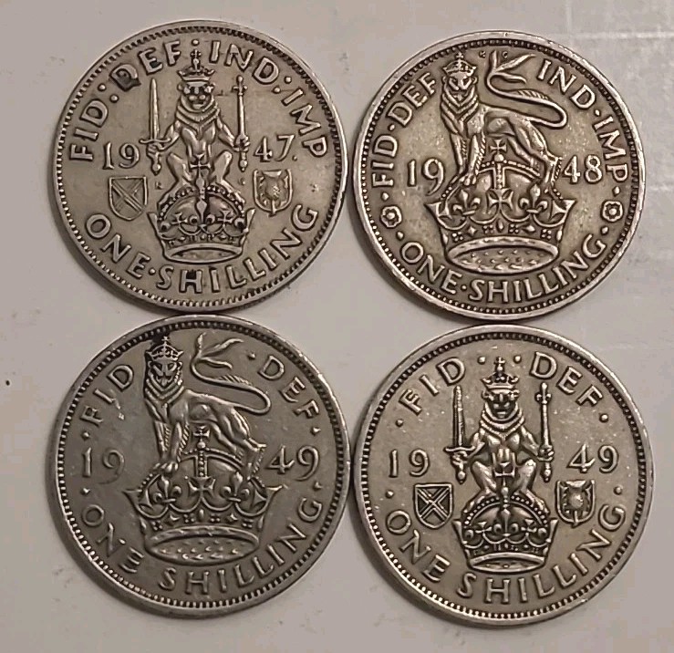 Great Britain 1 One Shilling Coins, Lot of 4, 1947-1949 George VI, 23.5 ...