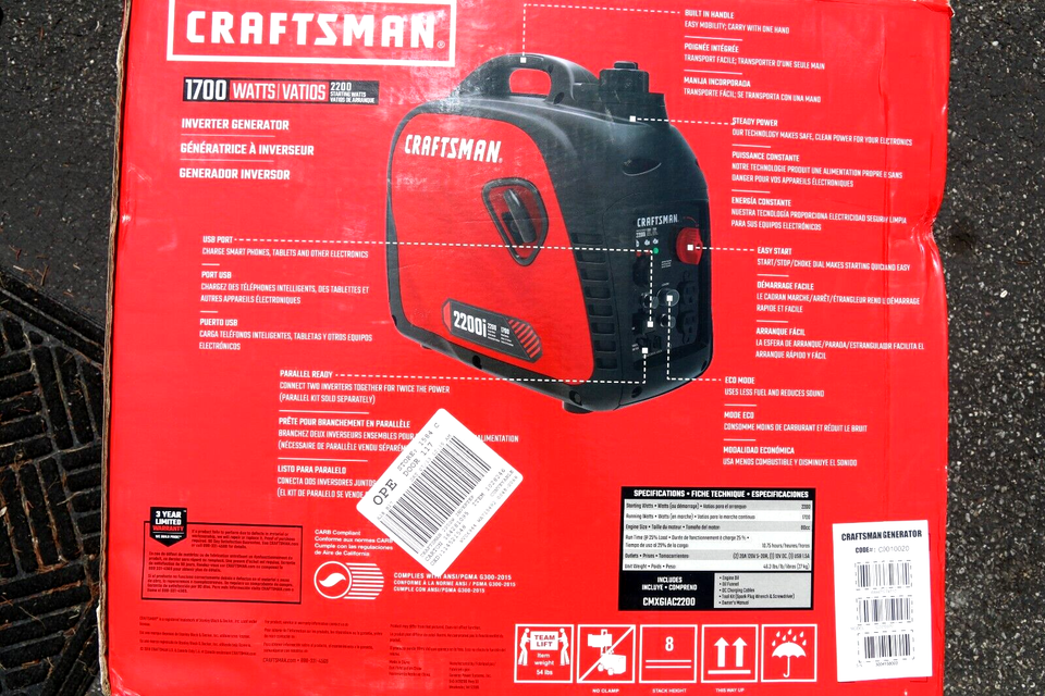 Craftsman 2200i 2200 Watt Portable Inverter Generator NEW 696471074710 ...