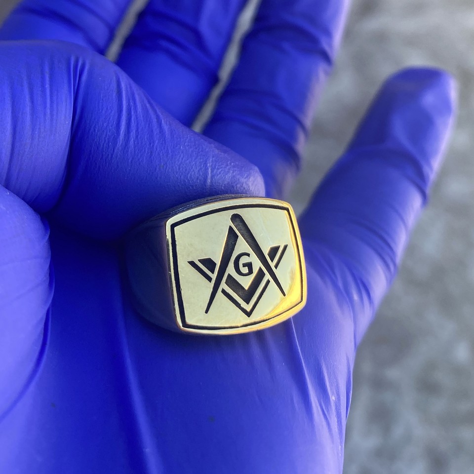 Men's Masonic Mason Ring Real 925 Sterling Silver w/Gold Plated Black ...