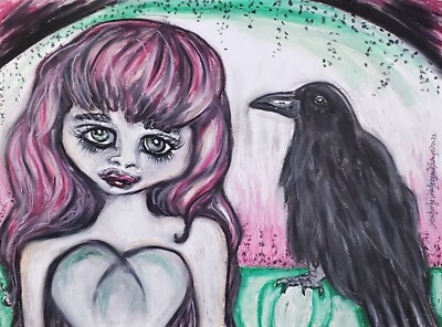 Girl with Raven Woman Art Print 5 x 7 Artist KSams Halloween Goth ...