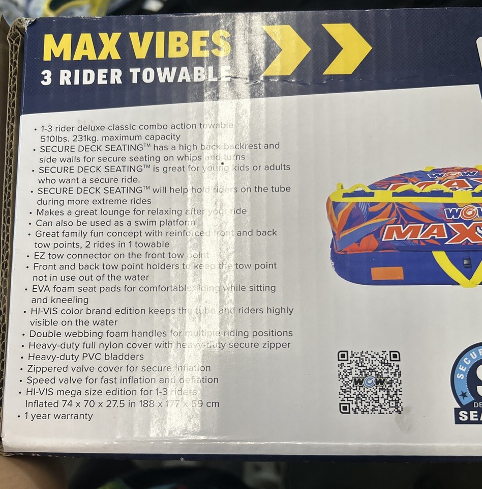 WOW Sports Max Vibes 1-3 Rider Inflatable Towable Tube Boat Raft Float | eBay