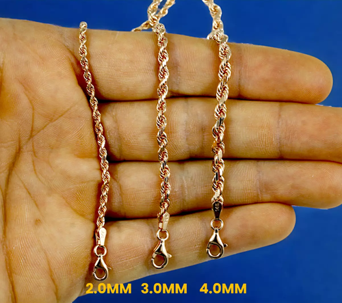 14K Rose Gold Rope Chain Necklace Bracelet Diamond Cut Real Gold 2mm ...