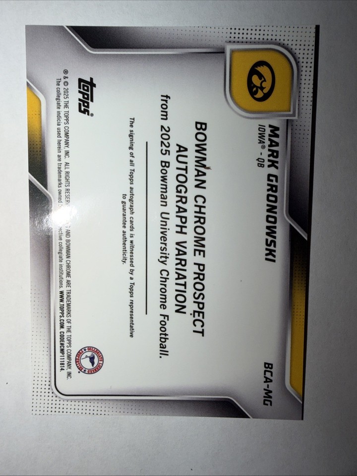 Mark Gronowski 2025 Bowman U Chrome #BCA-MG Blue Auto /150 1st Rookie ...